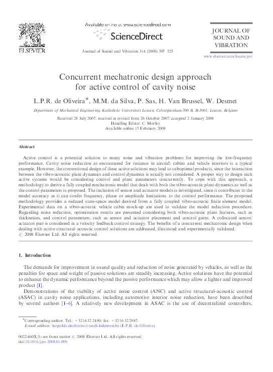 (PDF) Concurrent mechatronic design approach for active control of cavity noise