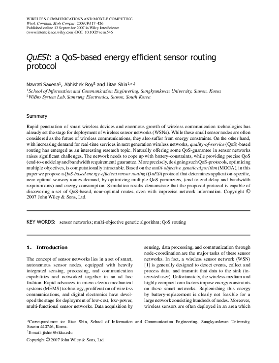 Pdf Quest Energy Efficient Qos Routing For Wsns
