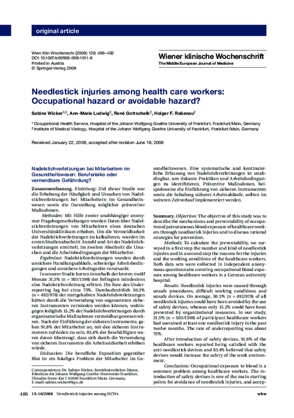 (PDF) Needlestick injuries among health care workers: Occupational ...