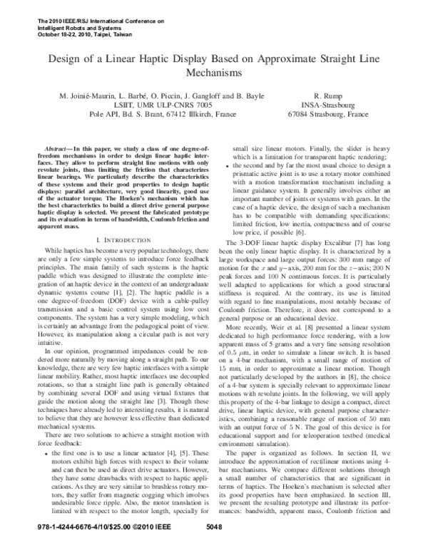 (PDF) Design of a linear haptic display based on approximate straight line mechanisms