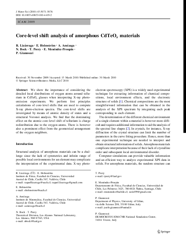 (PDF) Core-level shift analysis of amorphous CdTeO x materials | Paolo ...