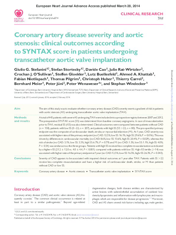 (PDF) Coronary artery disease severity and aortic stenosis: clinical ...