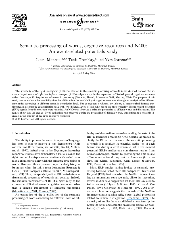 (PDF) Semantic processing of words, cognitive resources and N400: An event-related potentials study