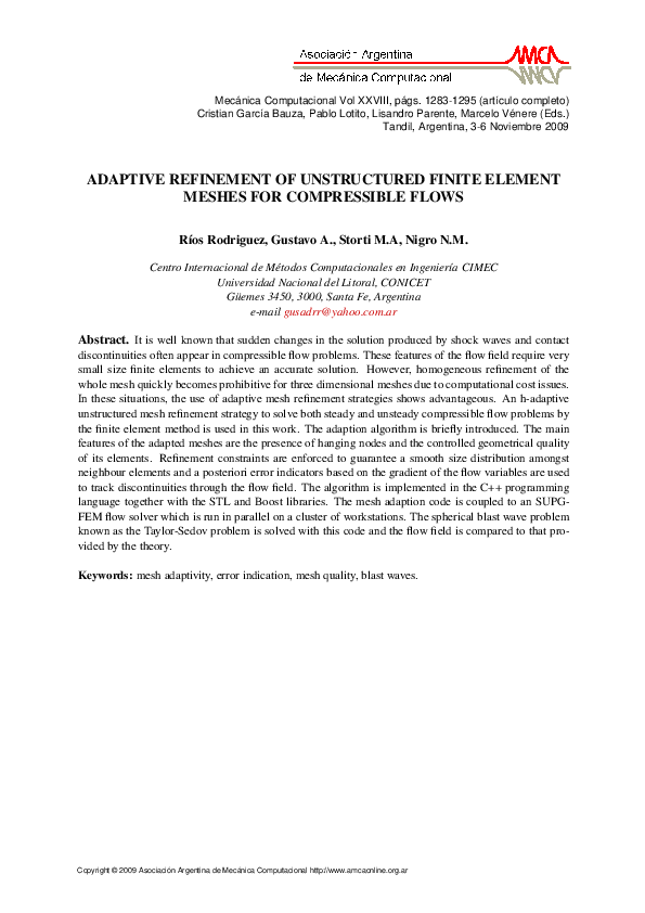 (PDF) Adaptive Refinement of Unstructured Finite Element Meshes for Compressible Flow