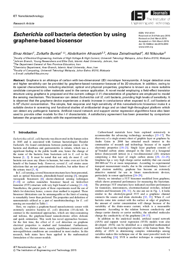 (PDF) Escherichia coli bacteria detection by using graphene-based biosensor