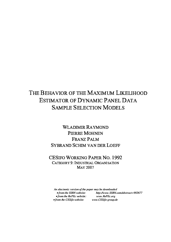 (PDF) The Behavior of the Maximum Likelihood Estimator of Dynamic Panel Data Sample Selection ...