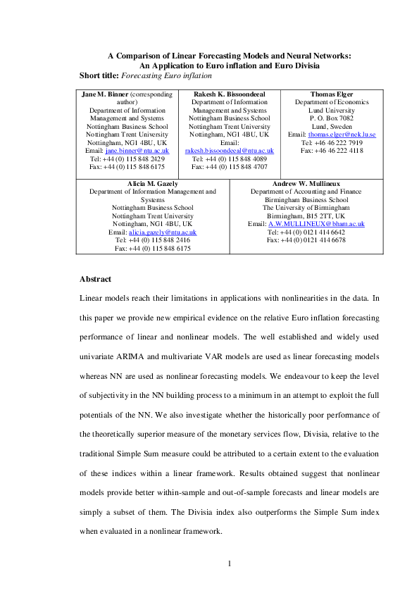 Pdf A Comparison Of Linear Forecasting Models And Neural Networks An Application To Euro