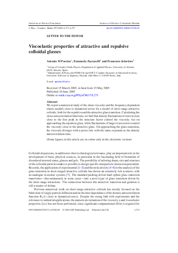 (PDF) Viscoelastic properties of attractive and repulsive colloidal glasses