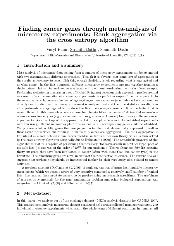 (PDF) Finding cancer genes through meta-analysis of microarray experiments: Rank aggregation via ...