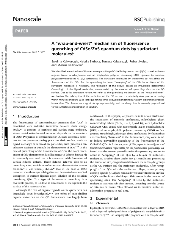 (PDF) A “wrap-and-wrest” mechanism of fluorescence quenching of CdSe ...