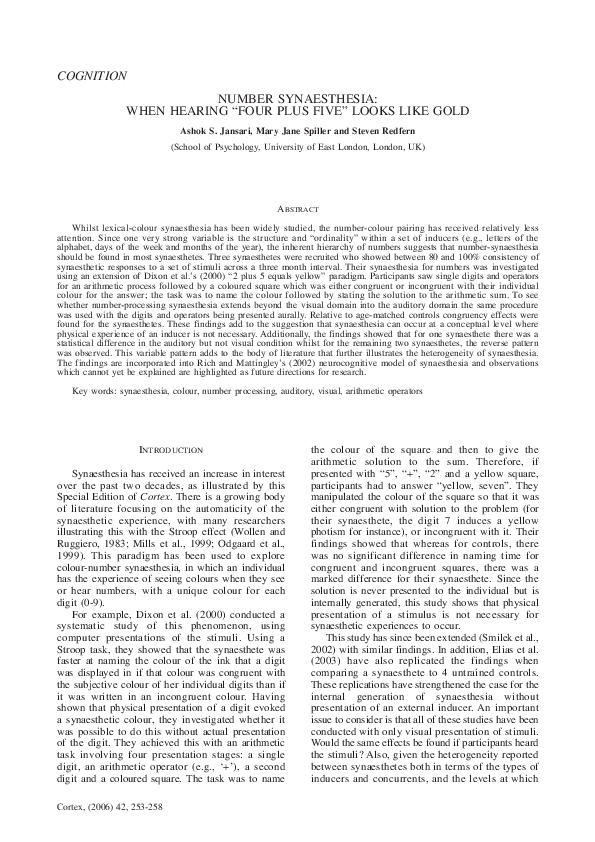 (PDF) Number Synaesthesia: When Hearing “Four Plus Five” Looks Like Gold