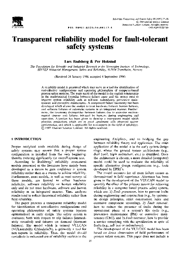 (PDF) Transparent reliability model for fault-tolerant safety systems