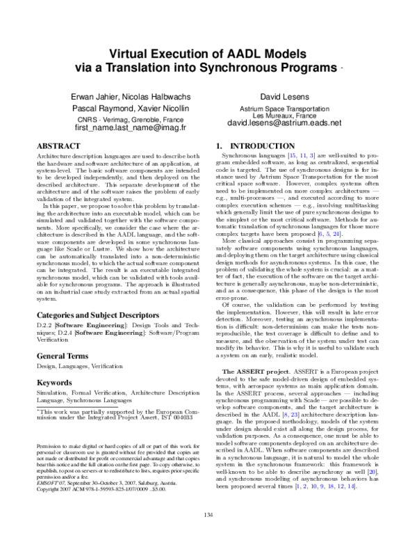 (PDF) Virtual execution of AADL models via a translation into synchronous programs
