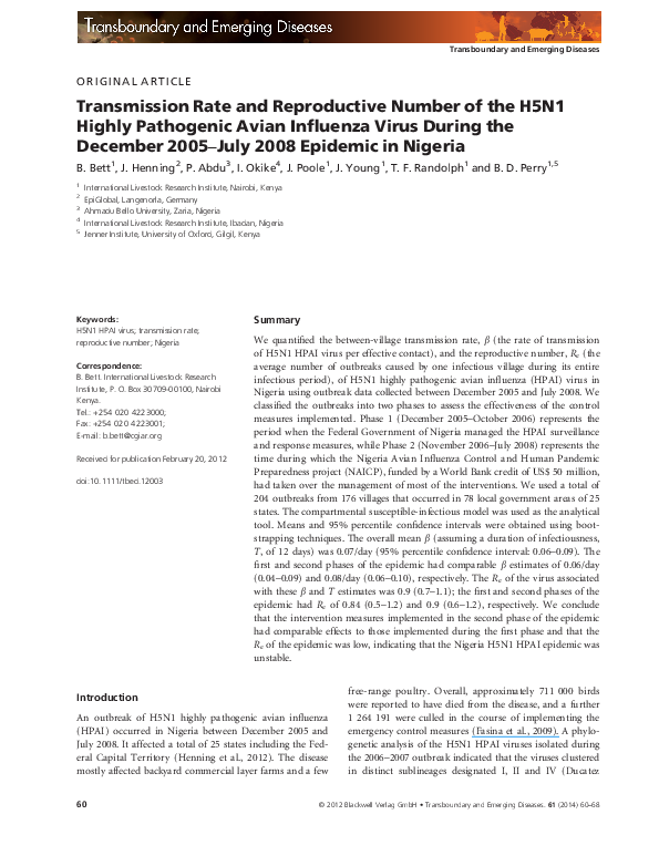(PDF) Transmission Rate and Reproductive Number of the H5N1 Highly ...