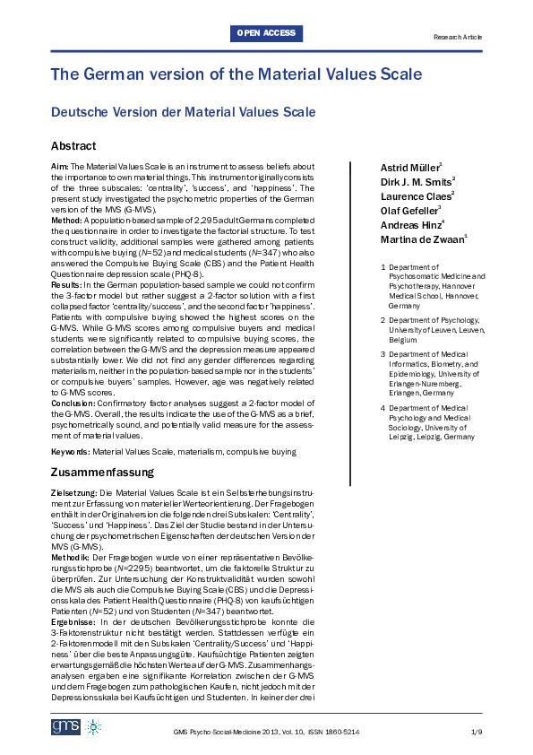 (PDF) The German version of the Material Values Scale