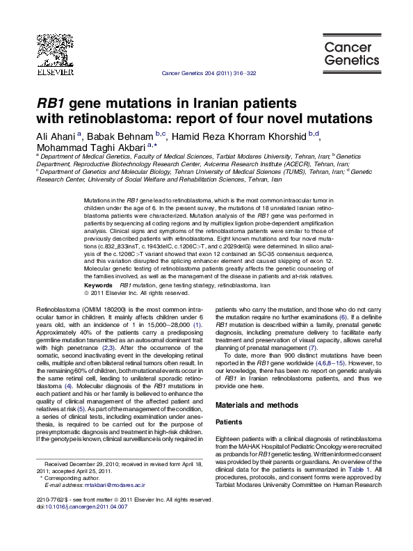 (PDF) RB1 gene mutations in Iranian patients with retinoblastoma ...