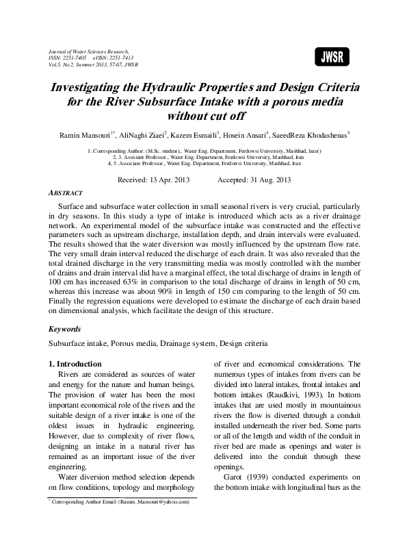 (PDF) Investigating the Hydraulic Properties and Design Criteria for ...