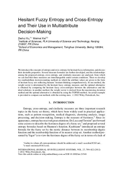(PDF) Hesitant fuzzy entropy and cross‐entropy and their use in multiattribute decision‐making