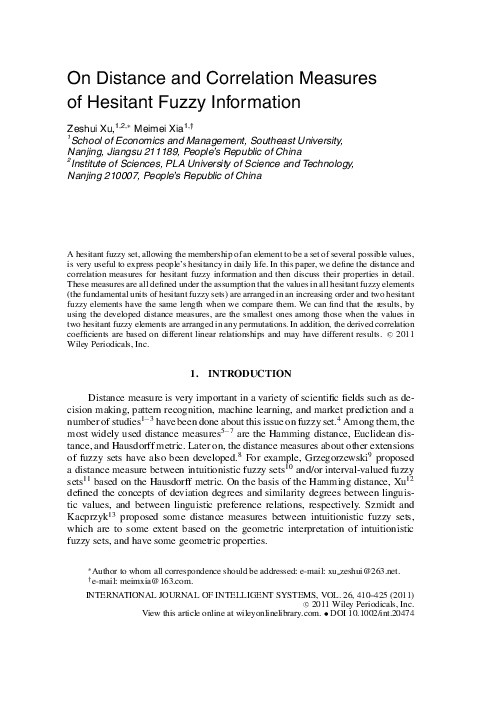 (PDF) On distance and correlation measures of hesitant fuzzy information