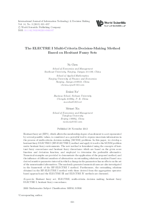 (PDF) THE ELECTRE I MULTI-CRITERIA DECISION-MAKING METHOD BASED ON HESITANT FUZZY SETS