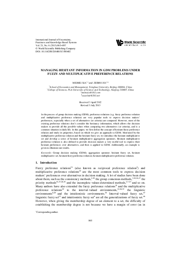 (PDF) Managing hesitant information in gdm problems under fuzzy and multiplicative preference ...