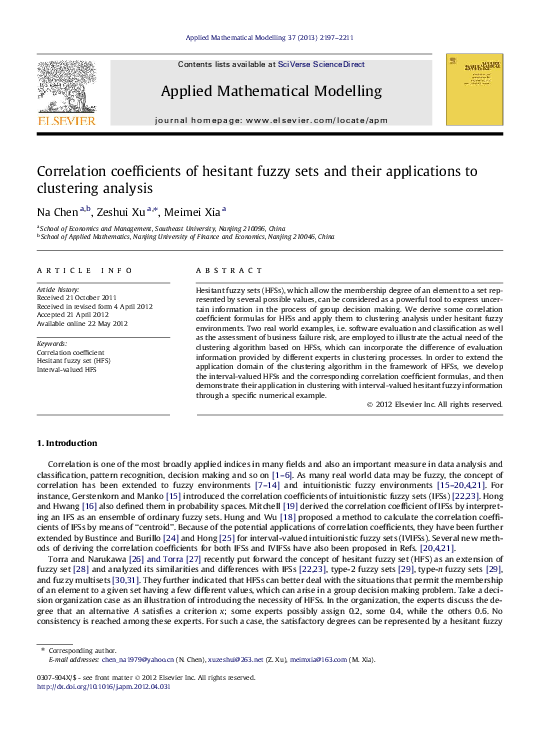 (PDF) Correlation coefficients of hesitant fuzzy sets and their applications to clustering analysis