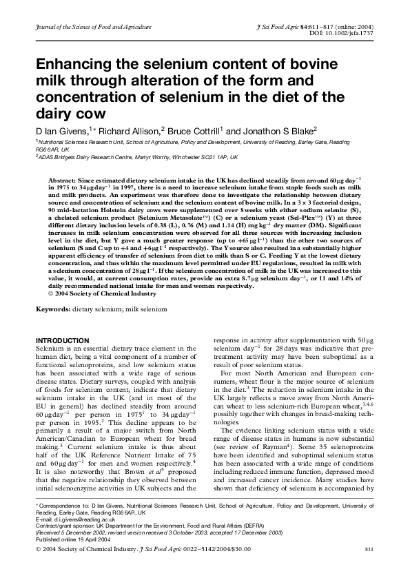 (PDF) Enhancing the selenium content of bovine milk through alteration ...