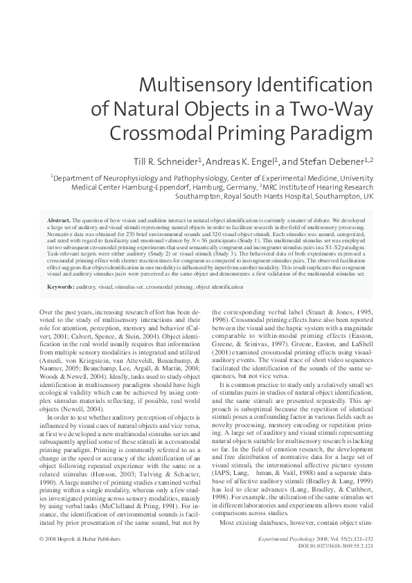 (PDF) Multisensory Identification of Natural Objects in a Two-Way Crossmodal Priming Paradigm
