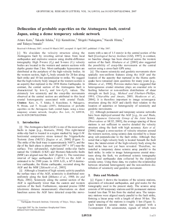 Pdf Delineation Of Probable Asperities On The Atotsugawa Fault Central Japan Using A Dense
