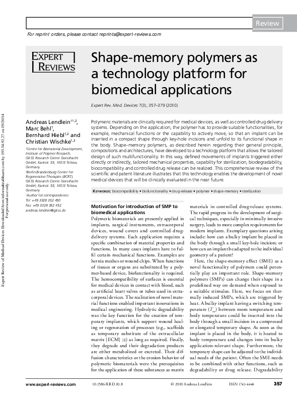 (PDF) Shape-memory polymers as a technology platform for biomedical applications