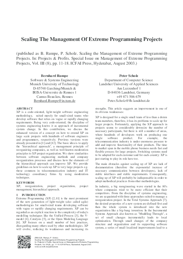 (PDF) Scaling the management of extreme programming projects