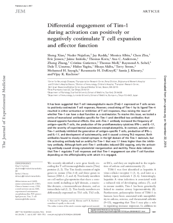 (PDF) Differential engagement of Tim-1 during activation can positively ...