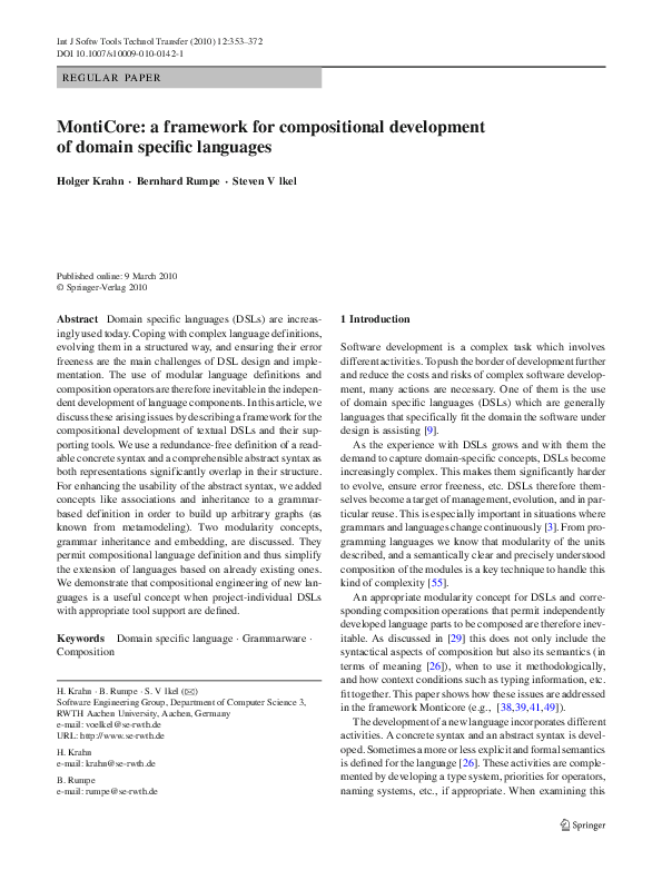 Pdf Monticore A Framework For Compositional Development Of Domain Specific Languages