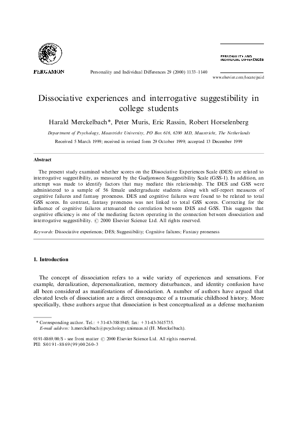 (PDF) Dissociative experiences and interrogative suggestibility in ...