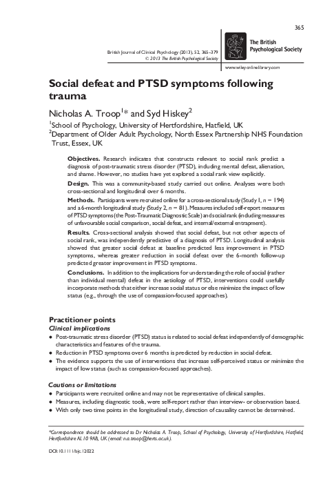 (PDF) Social defeat and PTSD symptoms following trauma