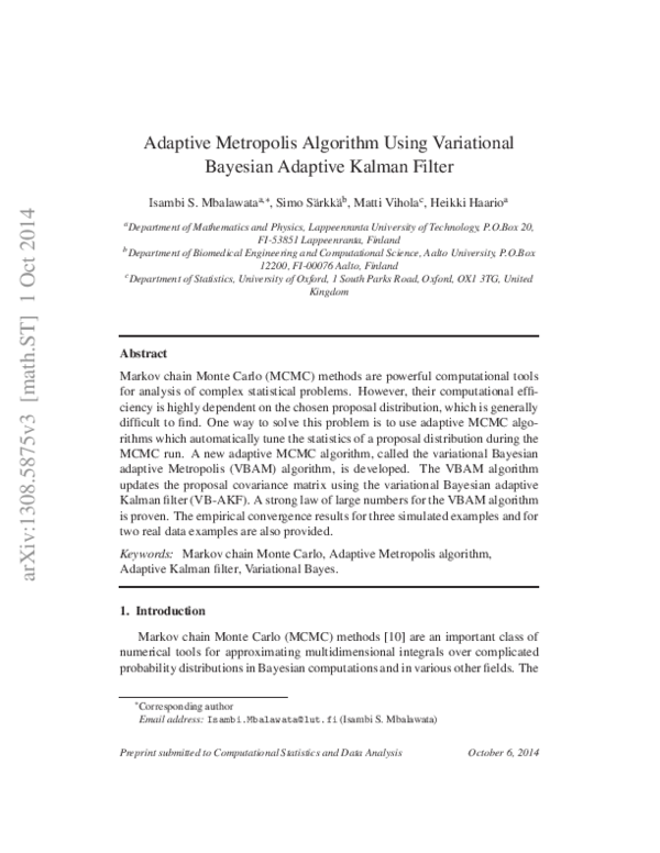 (PDF) Adaptive Metropolis algorithm using variational Bayesian adaptive Kalman filter