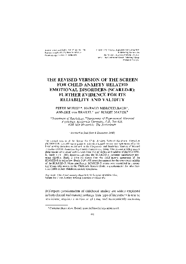 (PDF) The revised version of the screen for child anxiety related emotional disorders (scared-r ...