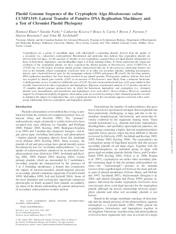 (PDF) Plastid Genome Sequence of the Cryptophyte Alga Rhodomonas salina ...