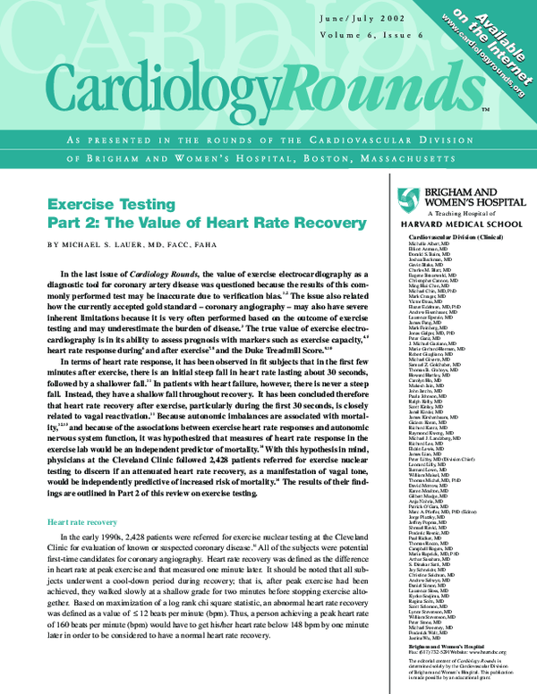 (PDF) Exercise Testing Part 2: The Value of Heart Rate Recovery