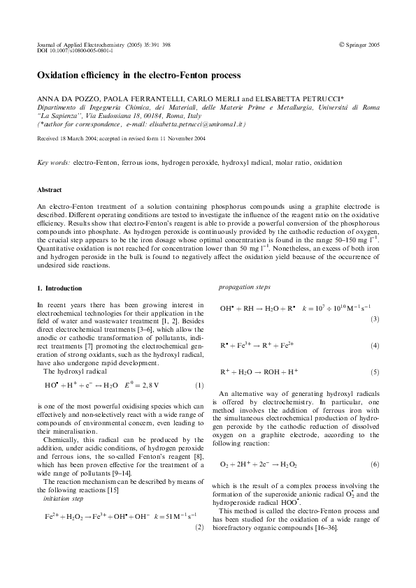 (PDF) Oxidation efficiency in the electro-Fenton process
