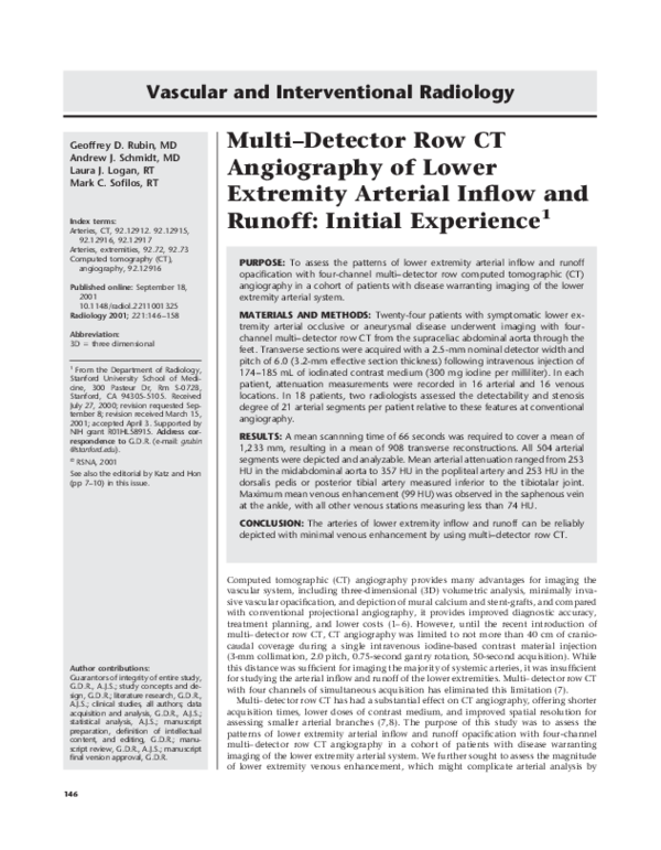 Pdf Multi Detector Row Ct Angiography Of Lower Extremity Arterial Inflow And Runoff Initial