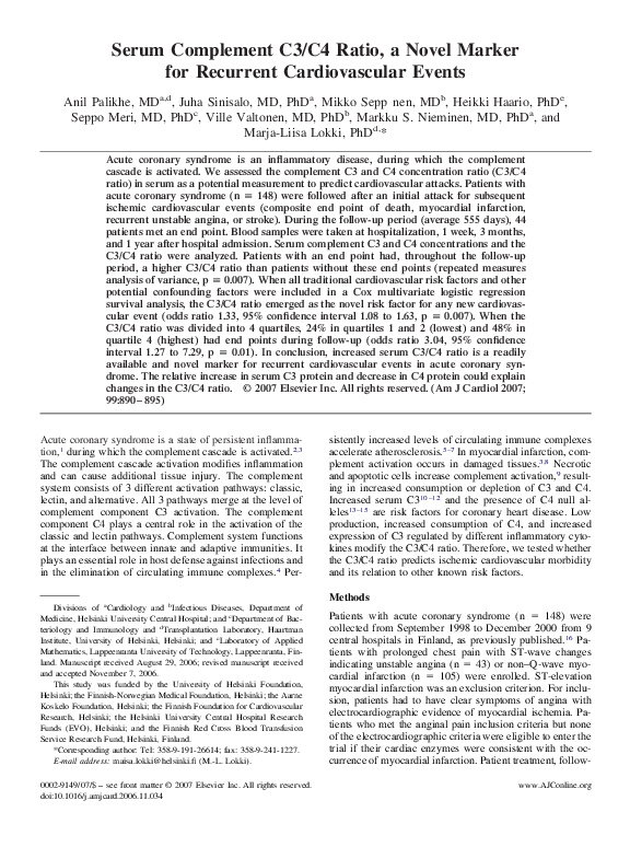 Pdf Serum Complement C3 C4 Ratio A Novel Marker For Recurrent Cardiovascular Events