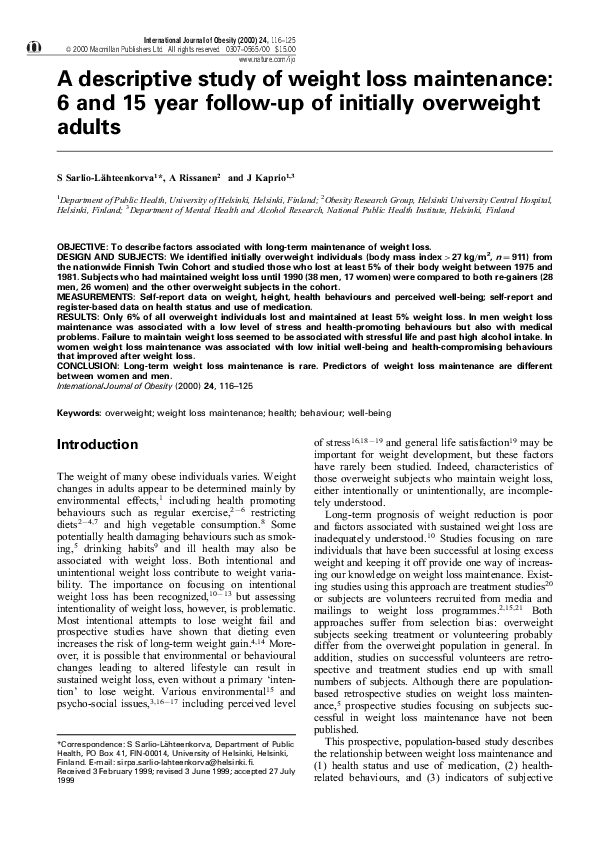 (PDF) A descriptive study of weight loss maintenance: 6 and 15 year ...