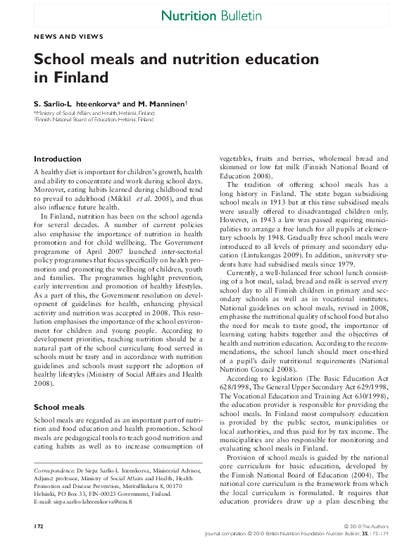 (PDF) School meals and nutrition education in Finland