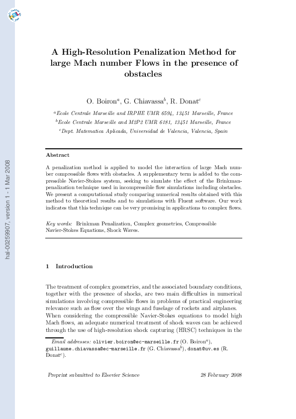 (PDF) A high-resolution penalization method for large Mach number flows in the presence of obstacles