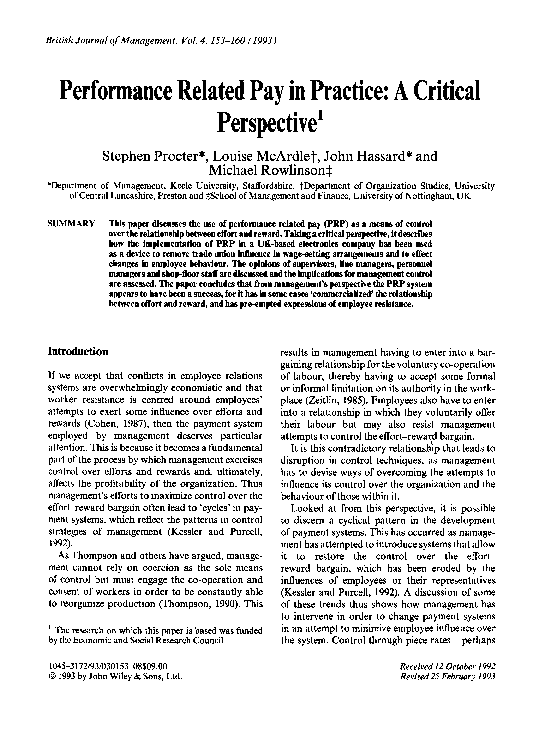 (PDF) Performance Related Pay in Practice: A Critical Perspective1