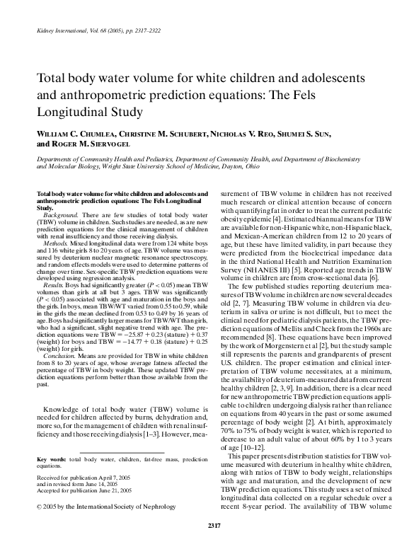 (PDF) Total body water volume for white children and adolescents and ...