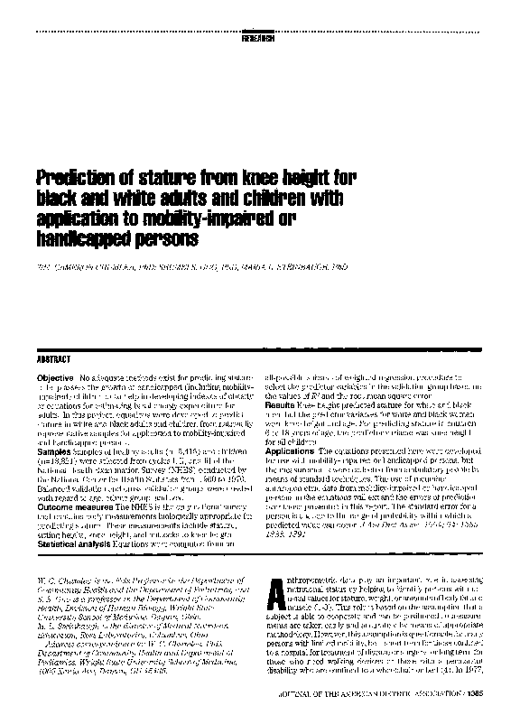 (PDF) Prediction of stature from knee height for black and white adults ...
