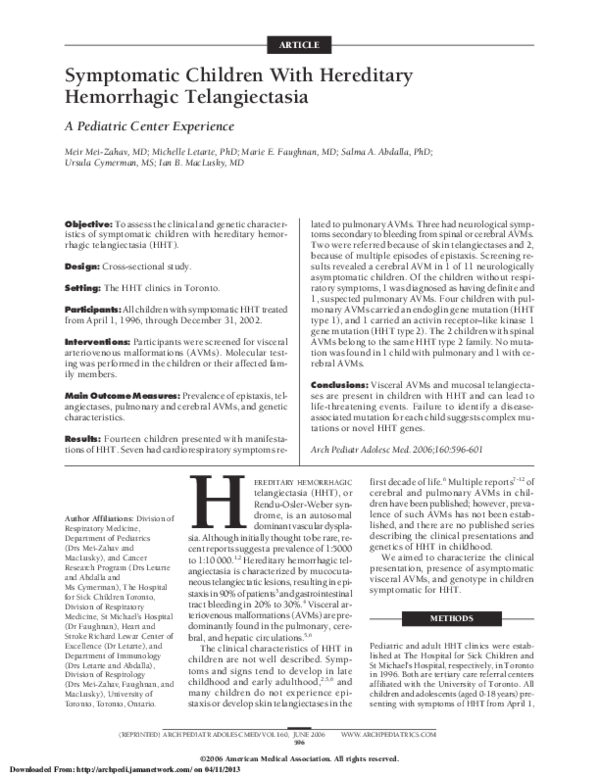 (PDF) Symptomatic Children With Hereditary Hemorrhagic Telangiectasia