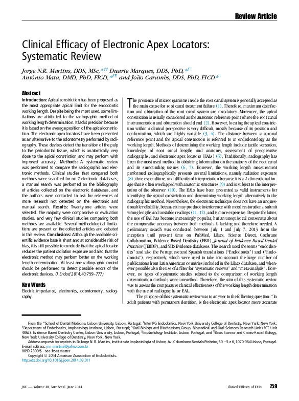 Pdf Clinical Efficacy Of Electronic Apex Locators Systematic Review